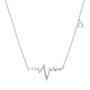 heartbeat necklace 925 sterling silver cute cardiogram life line ekg ecg heartbeat necklace for women teen girlfriend wife nurse doctor, 18 inch