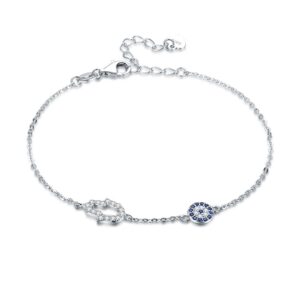 kaletine hamsa hand of fatima evil eye bracelet sterling silver 925 blue cubic zirconia chain 6.5"+1.5"(rhodium)