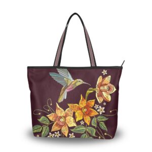 wihve tote bag flower leaf hummingbirds embroidery shoulder handbag travel beach bags