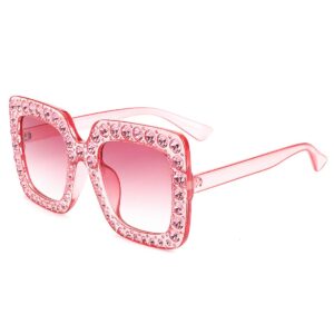 meetsun elton square rhinestone sunglasses oversized diamond bling bling glasses -(pink)