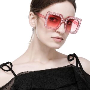 MEETSUN Elton Square Rhinestone Sunglasses Oversized Diamond Bling Bling Glasses -(Pink)