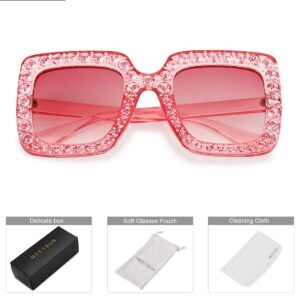 MEETSUN Elton Square Rhinestone Sunglasses Oversized Diamond Bling Bling Glasses -(Pink)