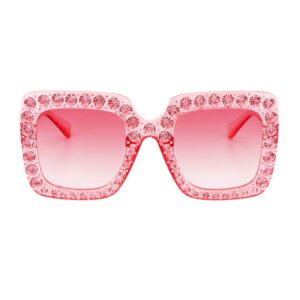 MEETSUN Elton Square Rhinestone Sunglasses Oversized Diamond Bling Bling Glasses -(Pink)