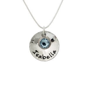 sterling silver personalized domed and hammered one name necklace. customize with your choice of characters. hammered finish. includes 925 chain and swarovski birthstone. gifts for her, mother, wife