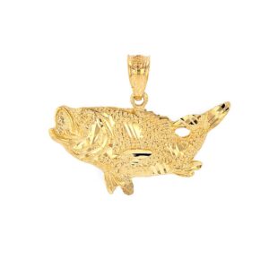 solid 10k yellow gold sea bass with tail up pendant