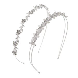 pangda 2 pieces rhinestone bridal crystal women's headband wedding flower girl pearl diamond slim thin silver flower leaves crown hair band accessories headpiece tiara for bride bridesmaids