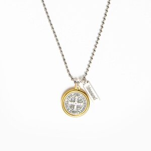 my saint my hero benedictine blessing gold rim necklace - divine protection benedictine medal with 'blessed' tag, prayer for peace & strength - unisex, hand-cast in italy