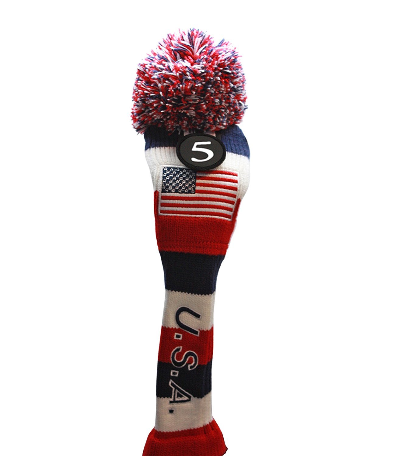 USA Majek Golf Driver 1 3 5 X Fairway Woods Headcovers Pom Pom Knit Limited Edition Vintage Classic Traditional Flag Stars Red White Blue Stripes Retro Head Cover Fits 460cc Drivers and 260cc Woods