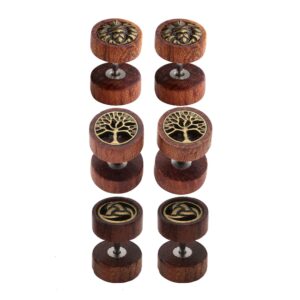 jovivi 3 pairs organic sono wood lion head/tree life fake ear plugs cheater gauges 10mm illusion screw stud earrings