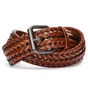 tanpie fashion men's braided belt leather strap for jeans brown large