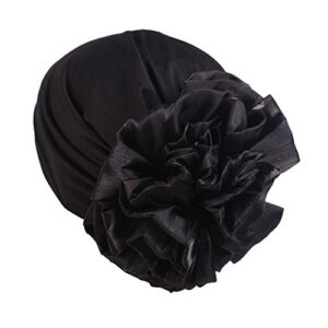 Muslim Women Flower Elastic Turban Beanie Head Scarf wrap Chemo Cap hat for Cancer Patient (Black)