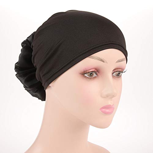 Muslim Women Flower Elastic Turban Beanie Head Scarf wrap Chemo Cap hat for Cancer Patient (Black)