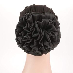 Muslim Women Flower Elastic Turban Beanie Head Scarf wrap Chemo Cap hat for Cancer Patient (Black)