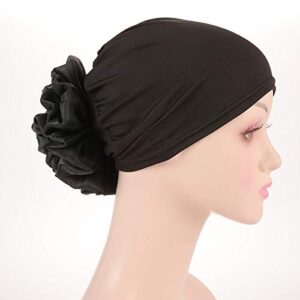 Muslim Women Flower Elastic Turban Beanie Head Scarf wrap Chemo Cap hat for Cancer Patient (Black)