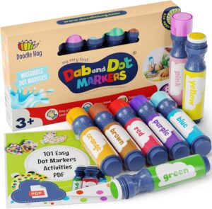 doodle hog washable dot markers for toddlers kids preschool | 8 colors bingo markers | non toxic toddler arts and crafts supplies | paint markers for kids | pdf with 200 dot art activity sheets