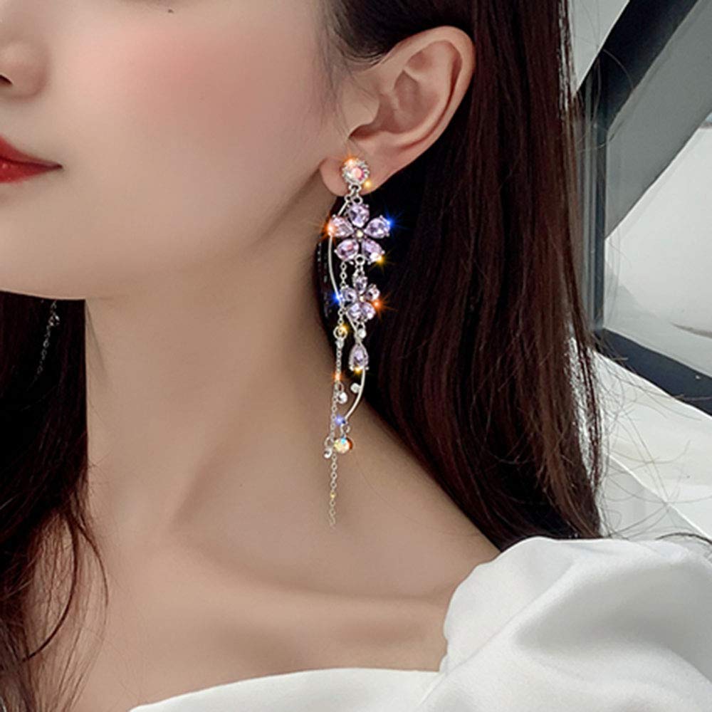 fxmimior Silver Long Flower Earrings Purple Rhinestones Big Dainty Floral Drop Earrings Statement Charm Earring Body Jewelry for Women and Girls