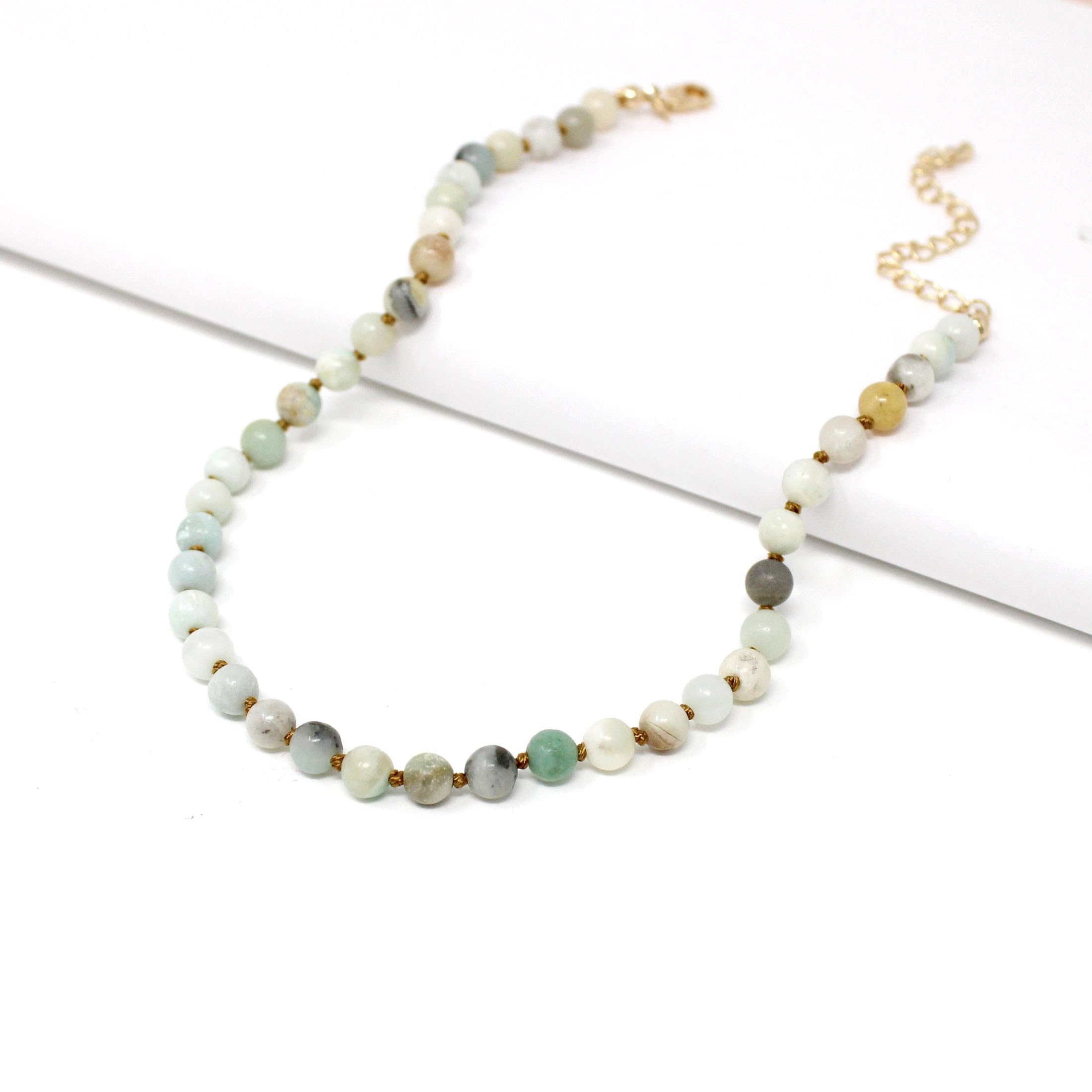 POMINA Real Amazonite Natural Gemstone Beaded Choker Necklace Semi Precious Stone Choker for Women (amazonite)