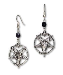 baphomet satanic goat head inverted pentagram silver finish dangle earrings