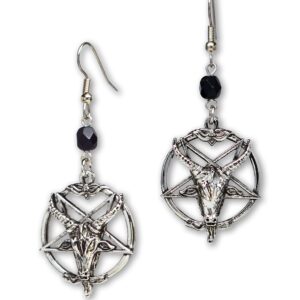 Baphomet Satanic Goat Head Inverted Pentagram Silver Finish Dangle Earrings