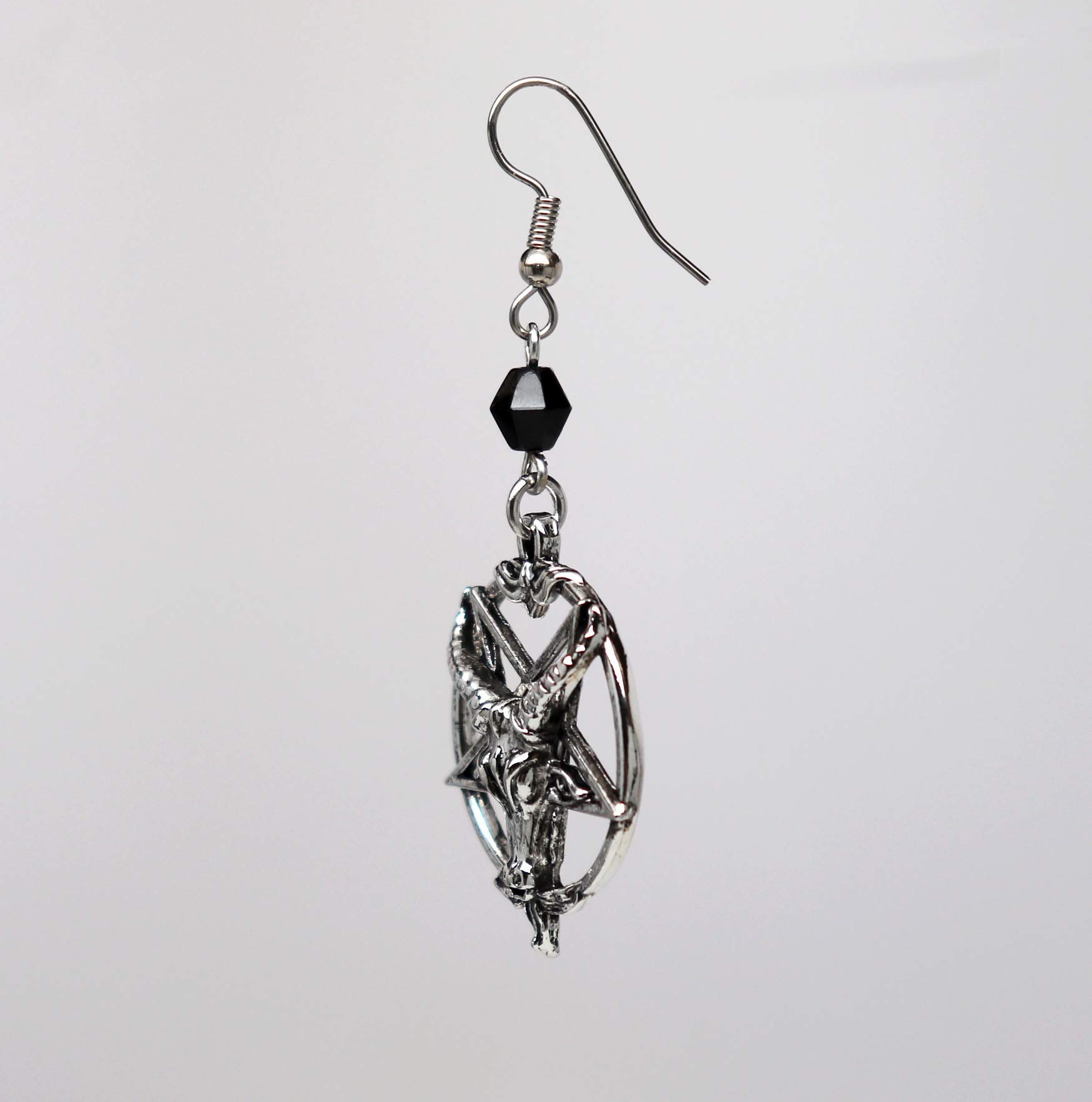 Baphomet Satanic Goat Head Inverted Pentagram Silver Finish Dangle Earrings