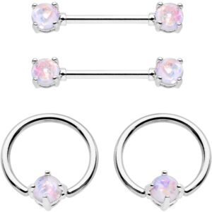 body candy steel iridescent white accent captive ring barbell nipple ring set 14 gauge 1/2"