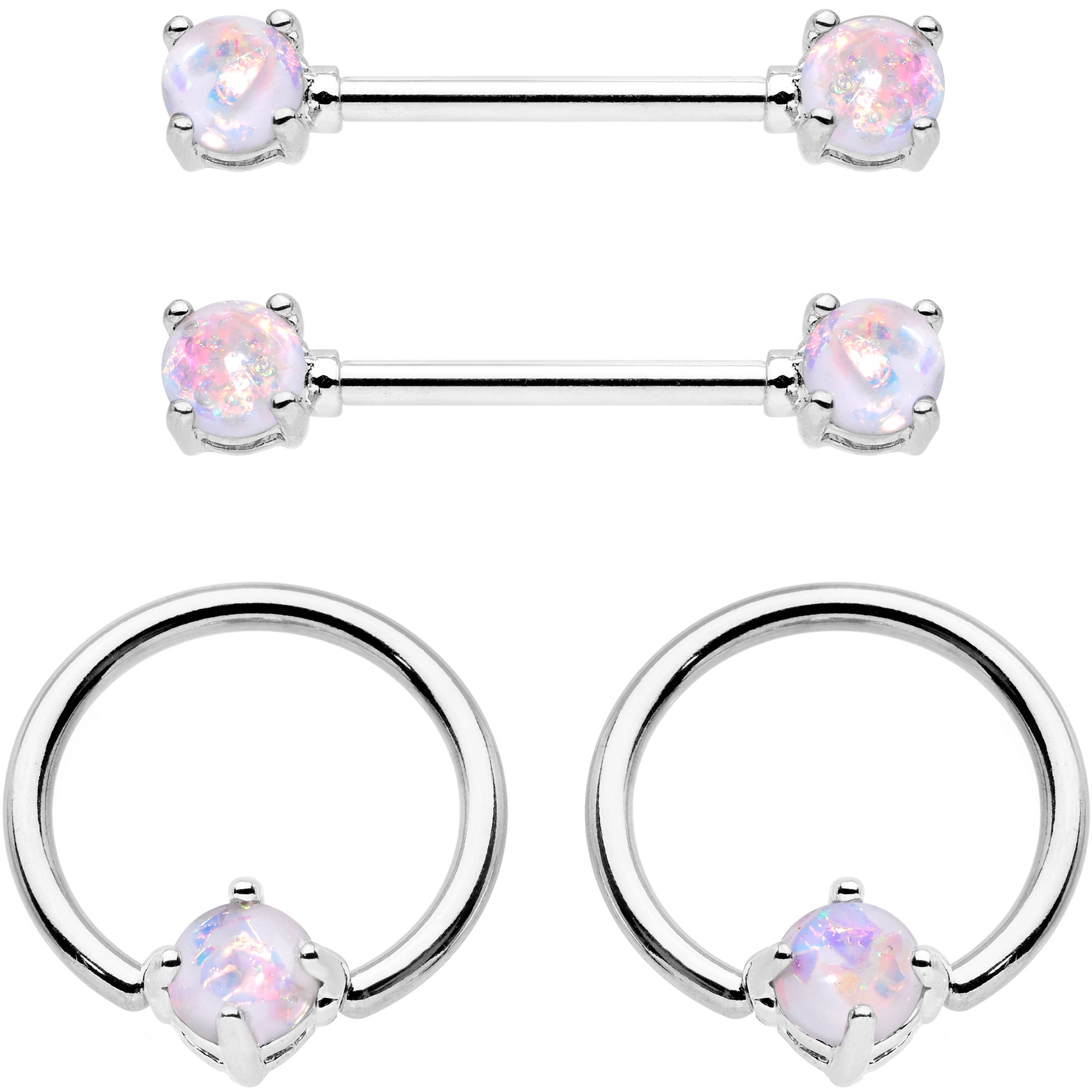 Body Candy Steel Iridescent White Accent Captive Ring Barbell Nipple Ring Set 14 Gauge 1/2"