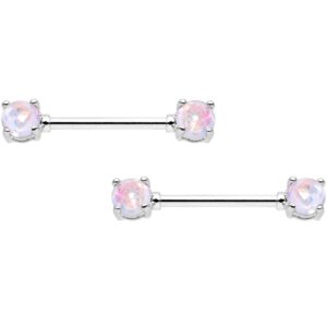 Body Candy Steel Iridescent White Accent Captive Ring Barbell Nipple Ring Set 14 Gauge 1/2"