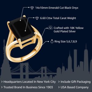 Gem Stone King 18K Yellow Gold Plated Silver Black Onyx Ring For Women (6.60 Cttw, Emerald Cut 14X10MM, Gemstone Birthstone, Available In Size 5, 6, 7, 8, 9)