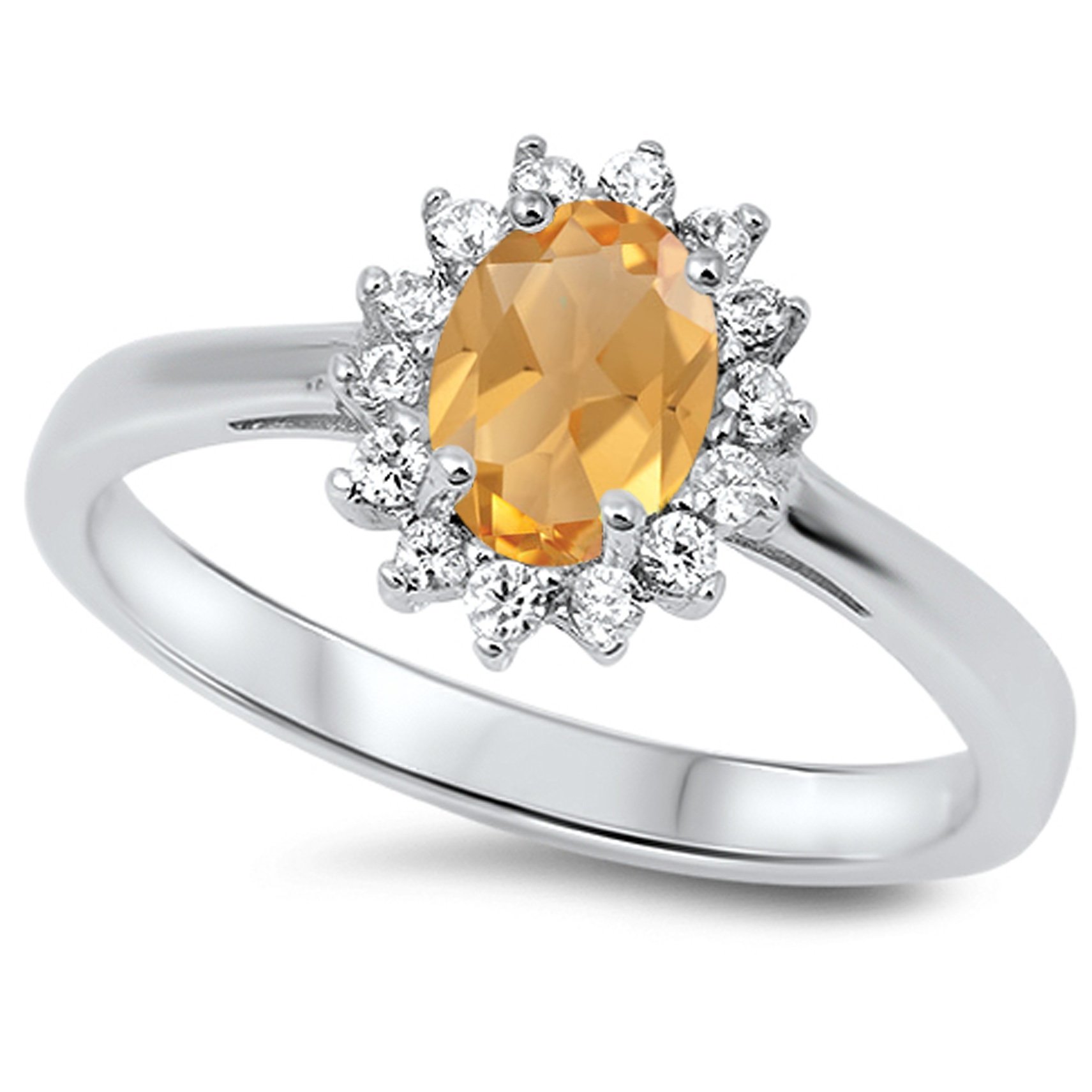 925 Sterling Silver Faceted Natural Genuine Yellow Citrine Oval Flower Halo Ring Size 6