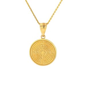 sideways crosses dainty 14k yellow gold chartres meditation labyrinth disc pendant necklace, 18"