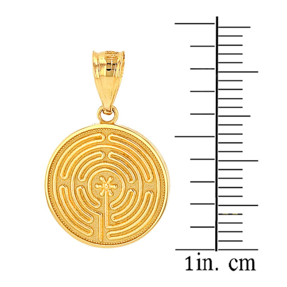 Sideways Crosses Dainty 14k Yellow Gold Chartres Meditation Labyrinth Disc Pendant Necklace, 18"