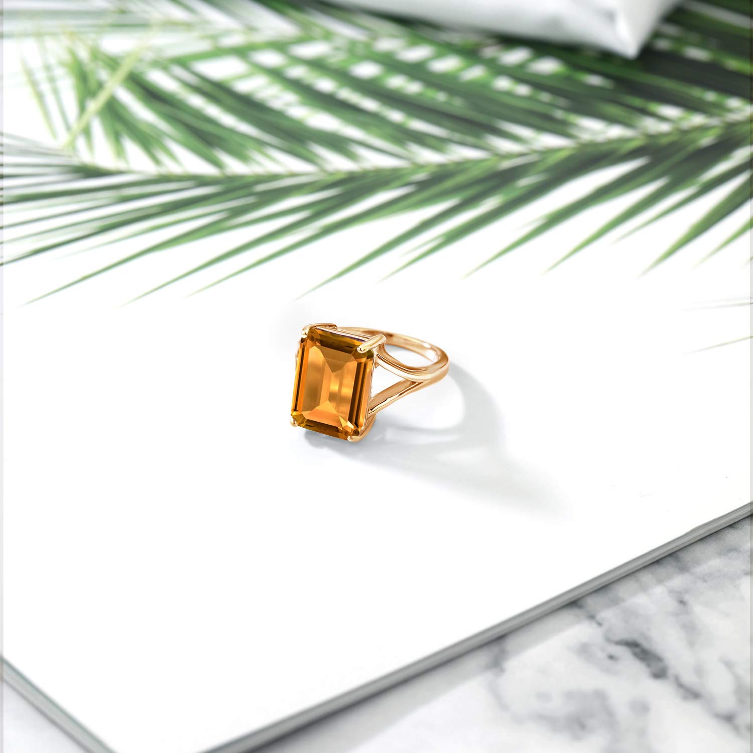 Gem Stone King 18K Yellow Gold Plated Silver Yellow Citrine Solitaire Ring For Women (8.20 Cttw, Emerald Cut 14X10MM, Gemstone Birthstone, Available in size 5, 6, 7, 8, 9)