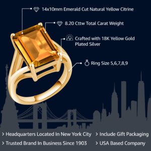 Gem Stone King 18K Yellow Gold Plated Silver Yellow Citrine Solitaire Ring For Women (8.20 Cttw, Emerald Cut 14X10MM, Gemstone Birthstone, Available in size 5, 6, 7, 8, 9)