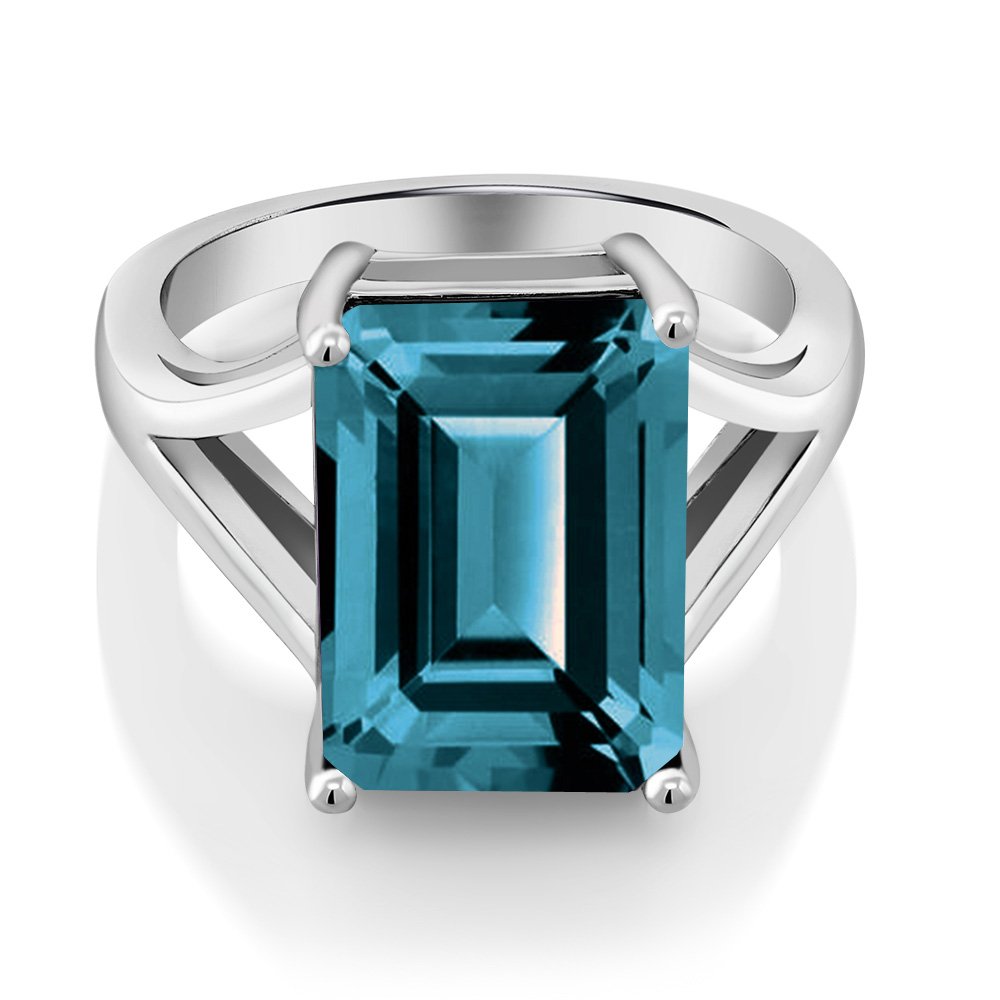 Gem Stone King 925 Sterling Silver London Blue Topaz Solitaire Ring For Women (9.50 Cttw, Emerald Cut 14X10MM, Gemstone Birthstone, Available In Size 5, 6, 7, 8, 9)