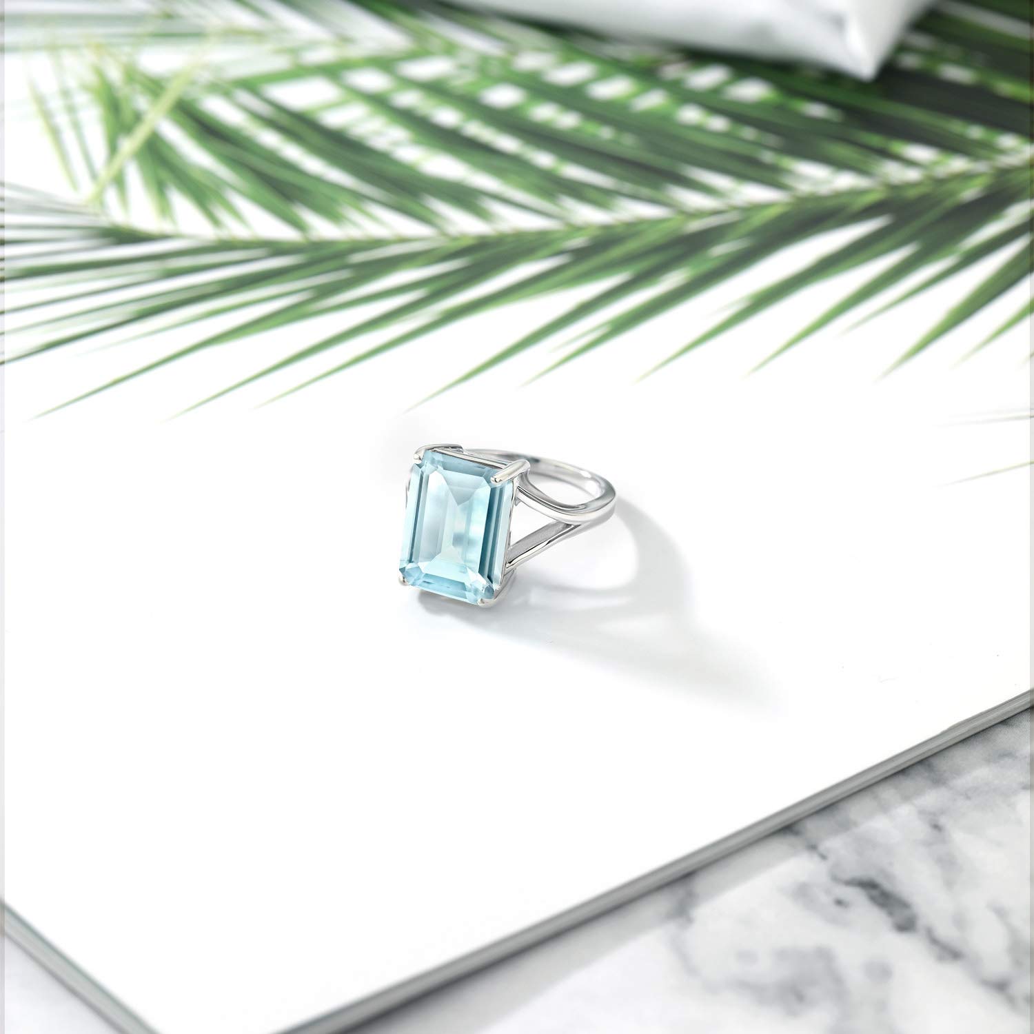 Gem Stone King 925 Sterling Silver Sky Blue Topaz Solitaire Ring For Women (8.70 Cttw, Emerald Cut 14X10MM Gemstone Birthstone, Available In Size 5, 6, 7, 8, 9)