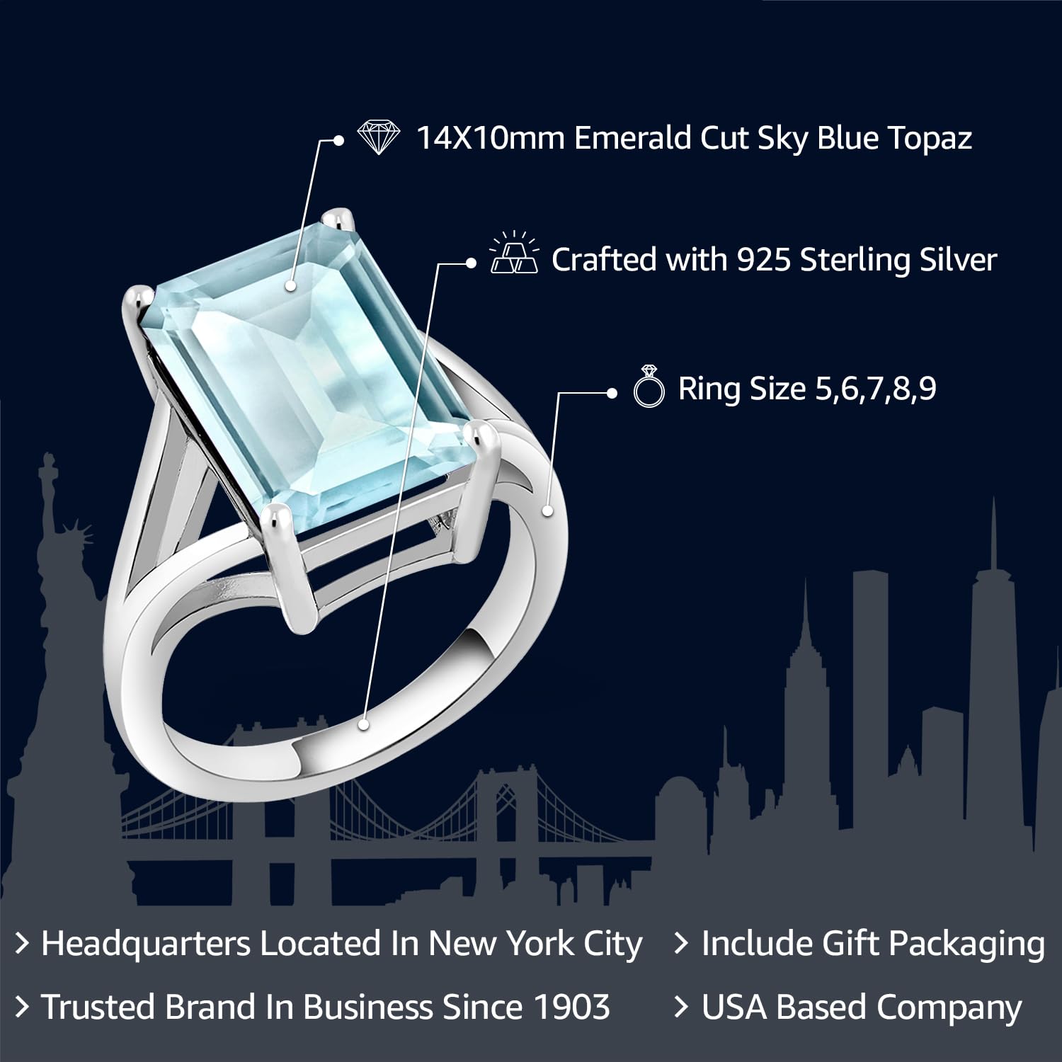 Gem Stone King 925 Sterling Silver Sky Blue Topaz Solitaire Ring For Women (8.70 Cttw, Emerald Cut 14X10MM Gemstone Birthstone, Available In Size 5, 6, 7, 8, 9)