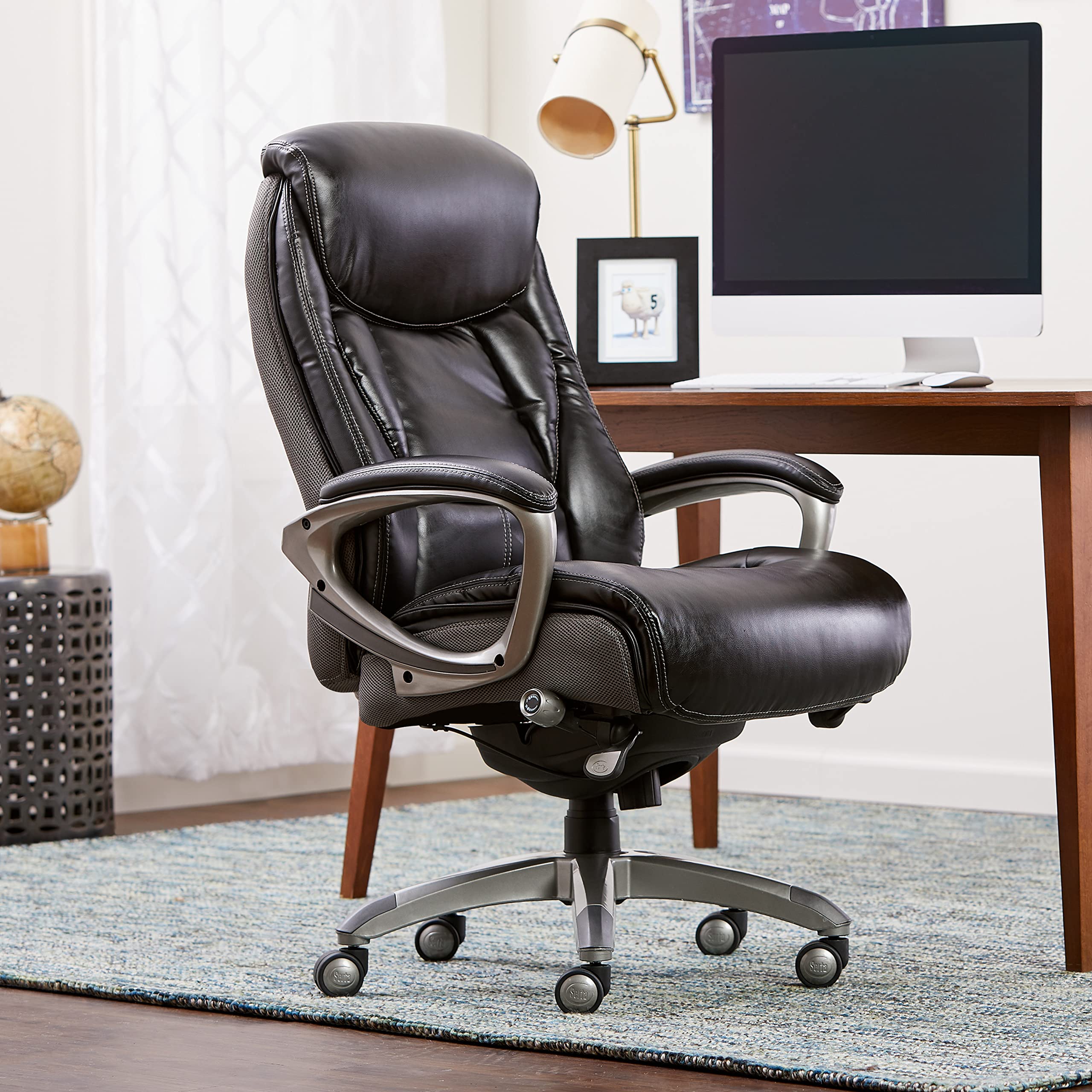 Serta Executive Office Smart Layers Technology, Leather and Mesh Ergonomic Computer Chair with Contoured Lumbar and ComfortCoils, Opportunity Gray