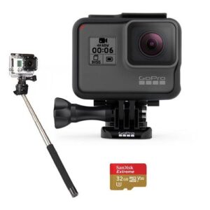 gopro hero6 black chdhx-601 + 32gb microsdhc card + micro hdmi cable + case for gopro hero4 and gopro accessories + fibercloth bundle (selfie stick)