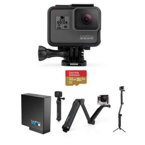 gopro hero6 black chdhx-601 + 32gb microsdhc card + micro hdmi cable + case for gopro hero4 and gopro accessories + fibercloth bundle (battery kit)