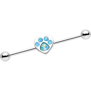 body candy steel iridescent blue paw print heart helix earring industrial barbell piercing 14 gauge 38mm