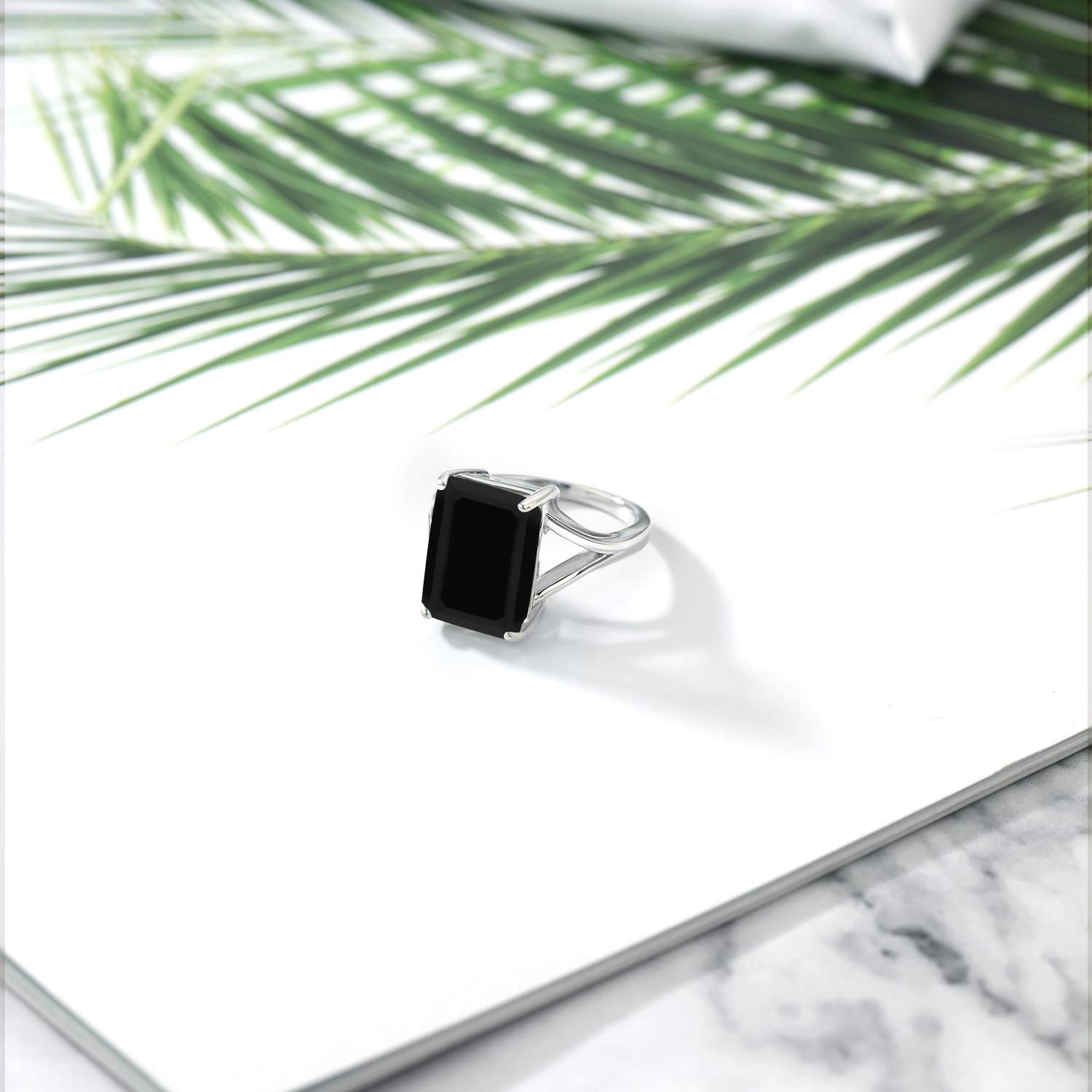 Gem Stone King 925 Sterling Silver Black Onyx Solitaire Ring For Women (6.60 Cttw, Emerald Cut 14X10MM, Gemstone Birthstone, Available In Size 5, 6, 7, 8, 9)