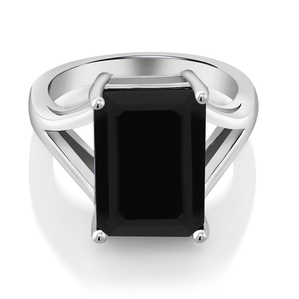 Gem Stone King 925 Sterling Silver Black Onyx Solitaire Ring For Women (6.60 Cttw, Emerald Cut 14X10MM, Gemstone Birthstone, Available In Size 5, 6, 7, 8, 9)