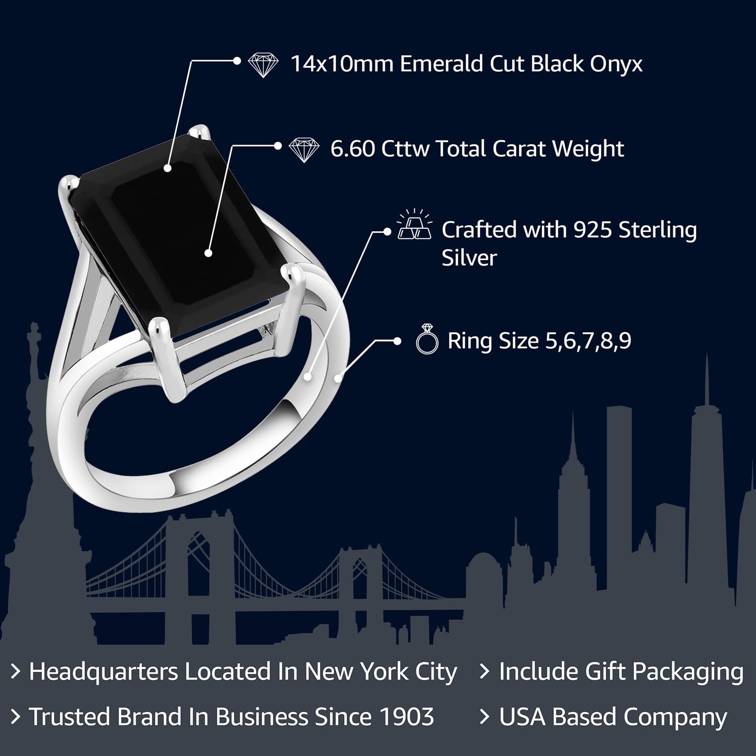 Gem Stone King 925 Sterling Silver Black Onyx Solitaire Ring For Women (6.60 Cttw, Emerald Cut 14X10MM, Gemstone Birthstone, Available In Size 5, 6, 7, 8, 9)