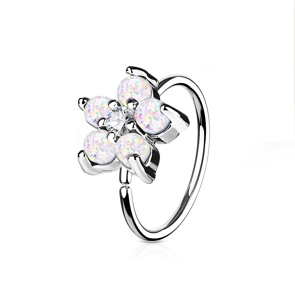 Opal Glitter Set Flower Petals CZ Center 316L Surgical Steel WildKlass Hoop Ring for Nose & Ear Cartilage (White)