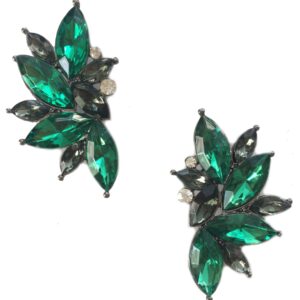 Art Deco Antique Vintage Style Dark Green Emerald Rhinestone Cluster Earrings