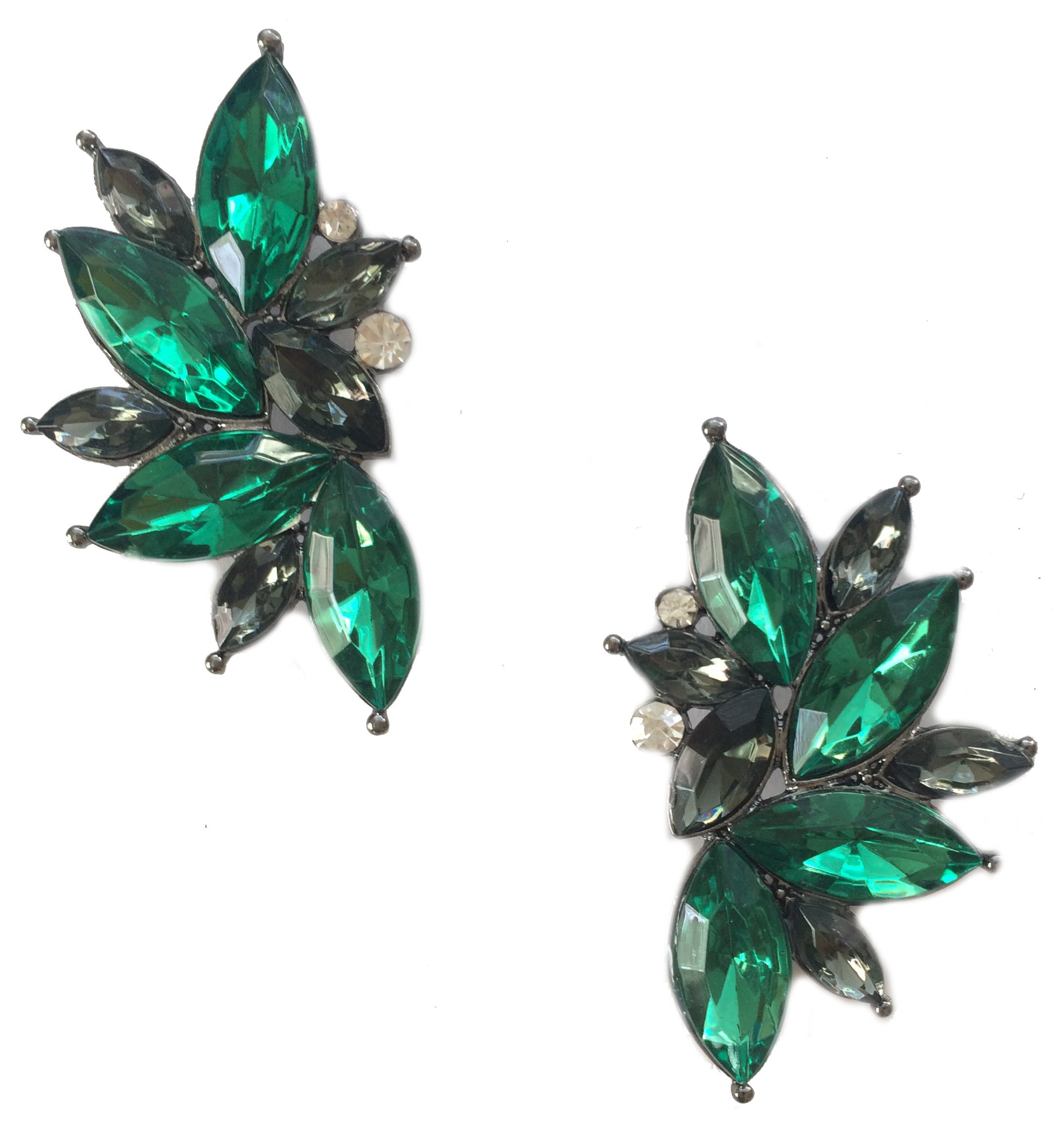 Art Deco Antique Vintage Style Dark Green Emerald Rhinestone Cluster Earrings