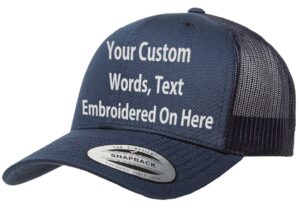 custom trucker hat yupoong 6606 embroidered your own text curved bill snapback (navy trucker)