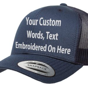 Custom Trucker Hat Yupoong 6606 Embroidered Your Own Text Curved Bill Snapback (Navy Trucker)