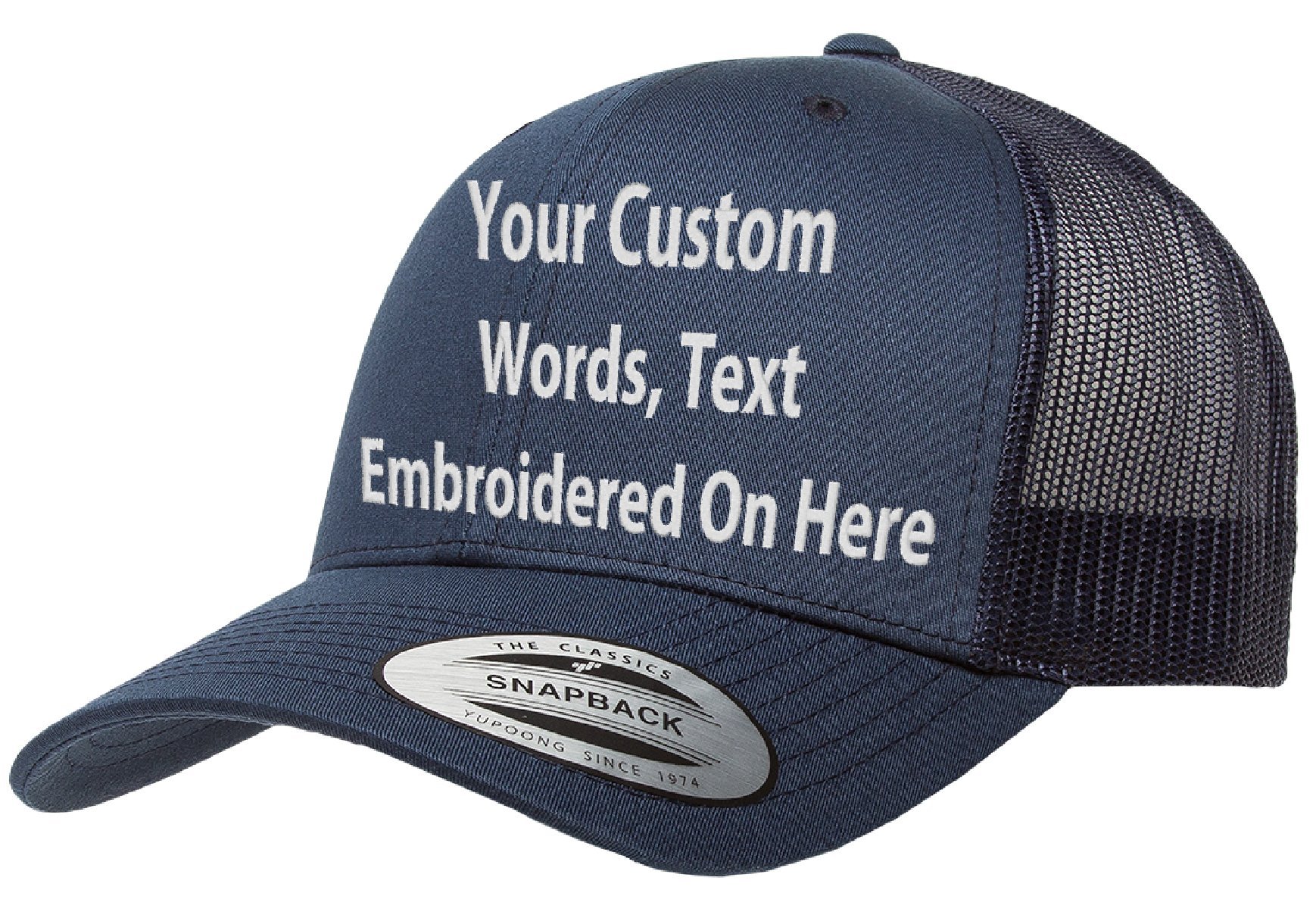 Custom Trucker Hat Yupoong 6606 Embroidered Your Own Text Curved Bill Snapback (Navy Trucker)