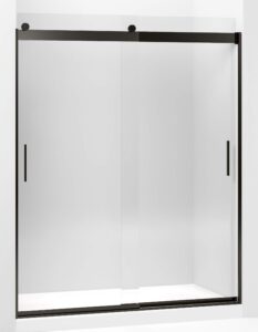 kohler levity® sliding shower door, 74-in h x 56-5/8 - 59-5/8-in w, with 1/4-in thick crystal clear glass with vertical blade handles, anodized dark bronze